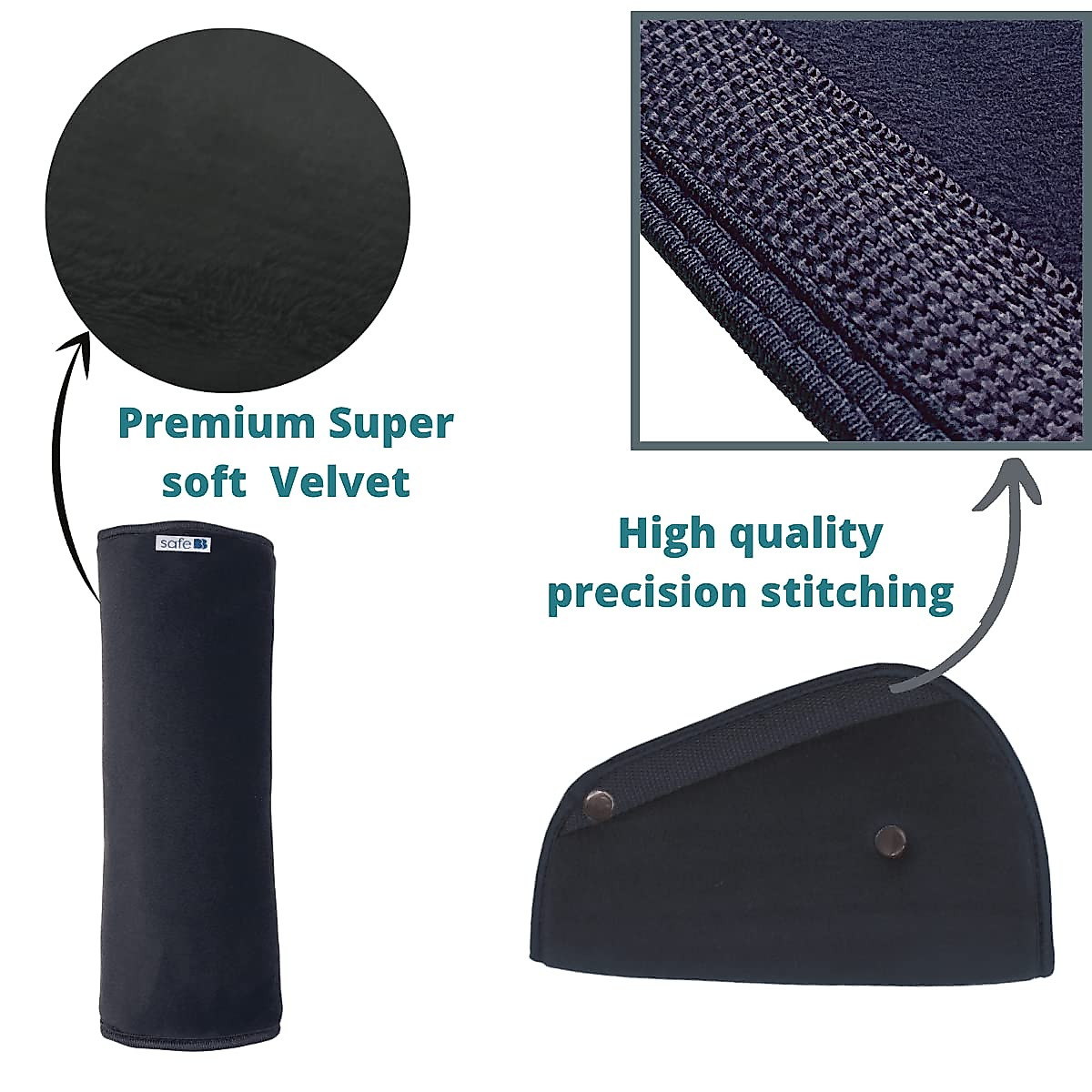 SafeBB Premium Seat Belt Adjuster for Kids, Seatbelt Pillow, Headrest Hooks Bundle! Shoulder Strap Pad for Head Neck Support, Seat Belt Cushion for Kids and Adults, Black