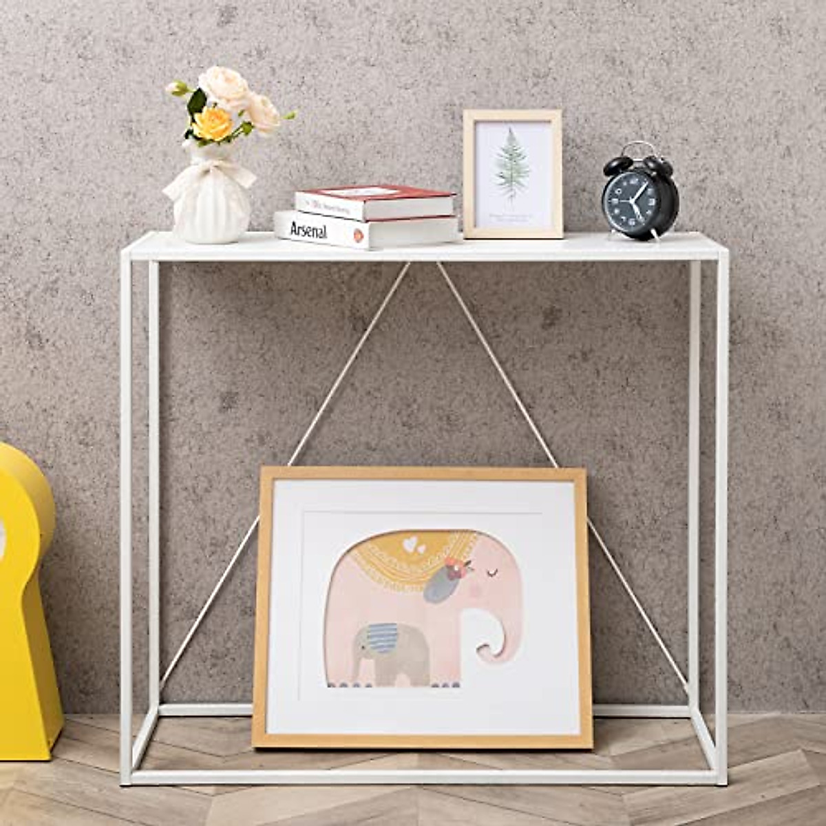 PEETEEPOE Accent Metal Console Table, 35.43"(L) Modern Entryway Table, Narrow&Long Sofa/Couch End Side Table, Freestanding Entrance Display Table for Entryway, Hallway, Living Room, Office, White