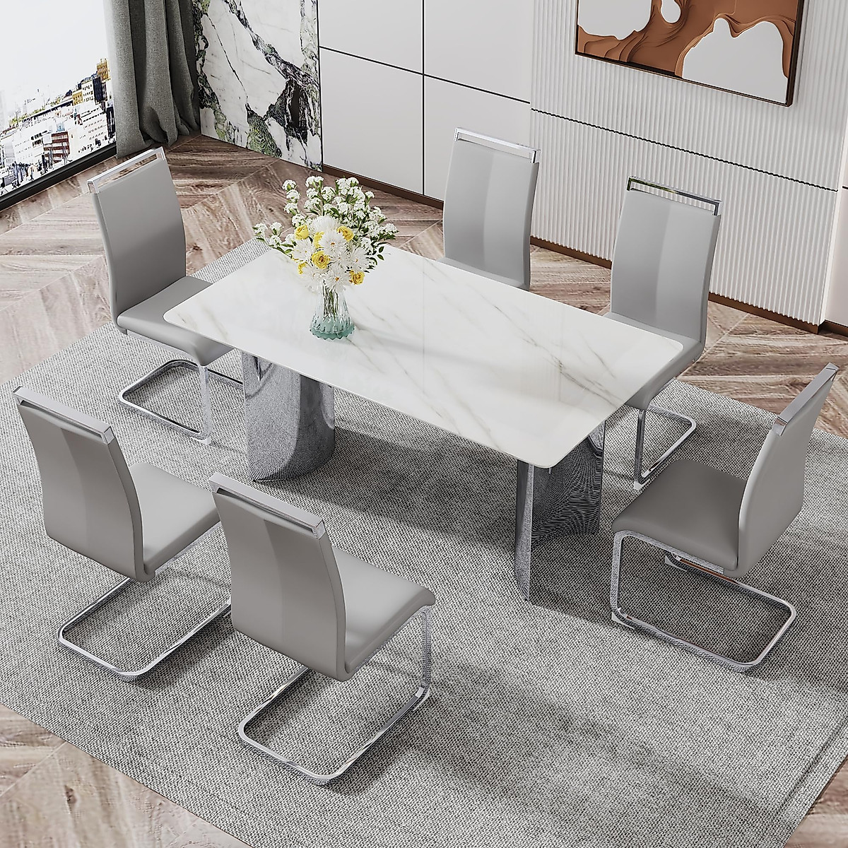Maotifeys Marble Dining Table Set for 6, 7 Piece Modern Dining Room Table Set with Rectangle Kitchen Table and Upholstered Leather Chairs, 63" White Faux Marble Dining Table Chairs Set of 6,Light Grey