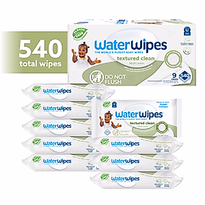WaterWipes Plastic-Free Textured Clean, Toddler & Baby Wipes, 99.9% Water Based Wipes, Unscented & Hypoallergenic for Sensitive Skin, 540 Count (9 packs), Packaging May Vary
