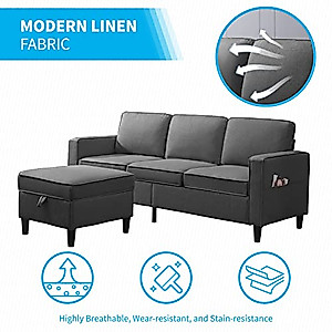 Horgaeo Convertible Sectional Sofa Couch, 3-Seat L-Shaped Couch with Storage Ottoman, Wooden Legs Modern Linen Fabric Reversible Chaise for Living Room, Bedroom, Apartment (Dark Grey) 78''