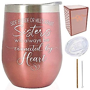 Sisters Christmas Gifts - Side by Side or Miles Apart Sisters 12 oz Stainless Steel Wine Tumbler Coffee Cup/Mug/Glass for Woman Unbiological Soul Sister BFF (12 oz, Side By Side Sisters - Rose Gold)