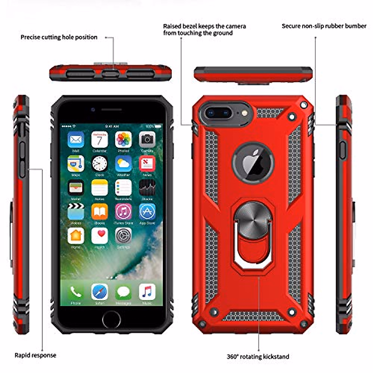 LeYi Compatible for iPhone 8 Plus Case, iPhone 7 Plus Case, iPhone 6 Plus Case with Tempered Glass Screen Protector [2Pack], Military-Grade Phone Case with Ring Kickstand for iPhone 6s Plus, Red