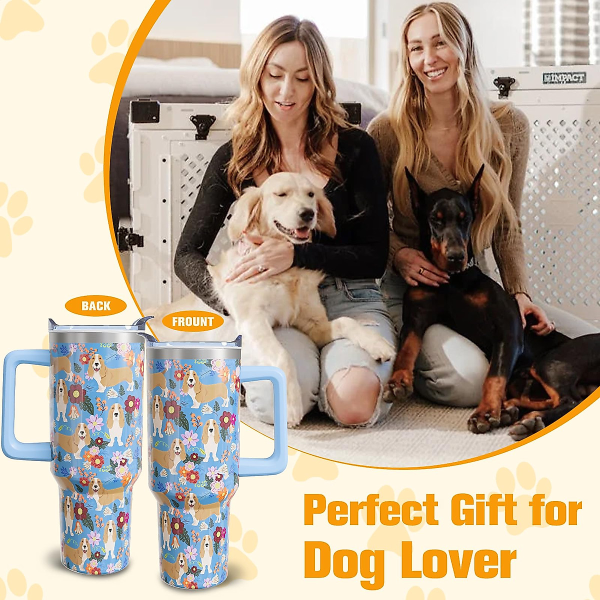 owbgsdh Basset Hound Gifts for Women Dog Lovers 40 oz Floral Basset Hound Tumblers with Handle and Straw, Stainless Steel Vacuum Insulated Travel Coffee Mug Cup Water Bottle