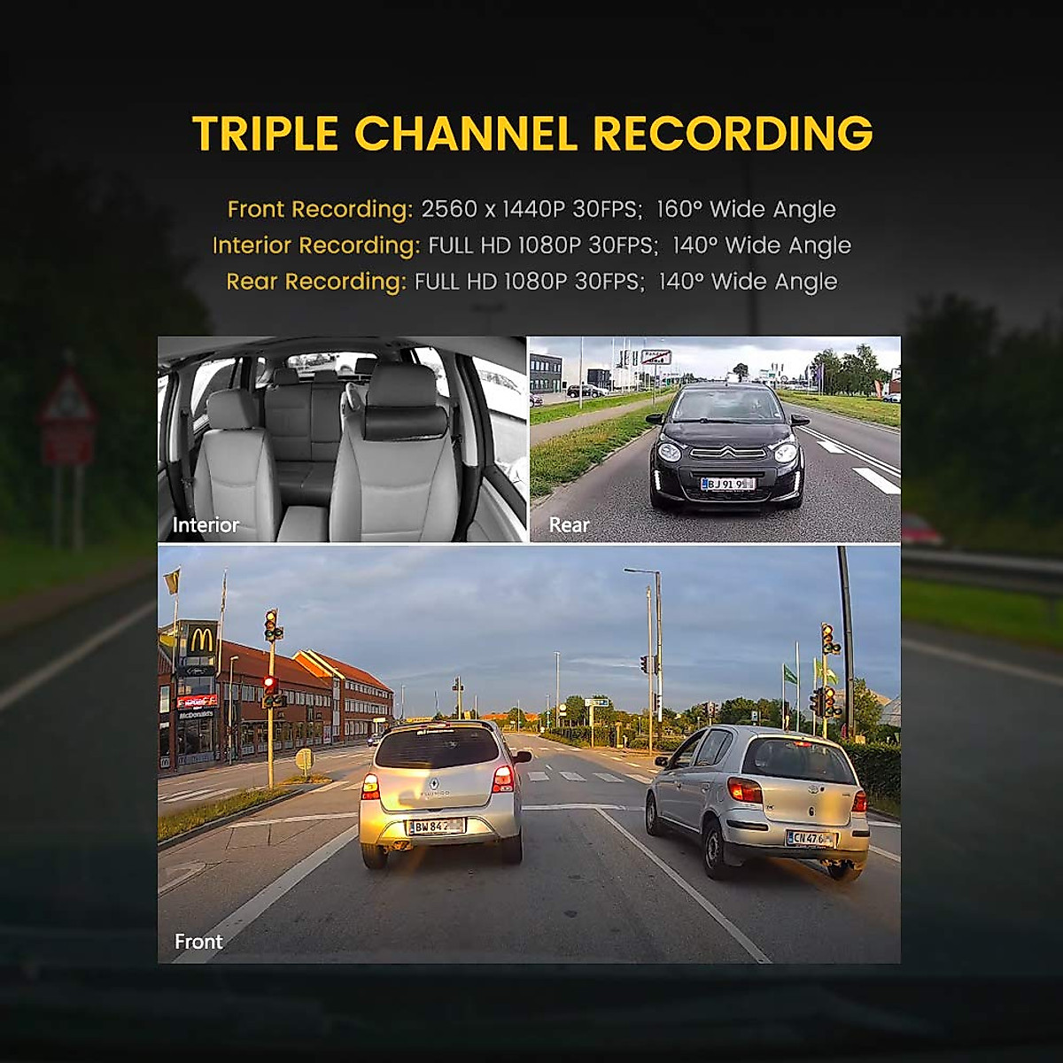 3 Channel Dash Cam, Zenfox 2K 1440P Front+1080P Interior+1080P Rear Triple Dash Camera, Dual-Band WiFi, IR Night Vision, Built-in GPS, Parking Mode, Motion Detection, G-Sensor, Support 256GB Card