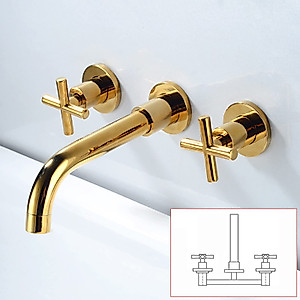 Wall Mount Bathroom Faucet,Double Handle Wall Mount Brass Basin Mixer,360 Degree Rotating Nozzle,1/2 Standard Thread,Bathroom Faucet,Gold (Color : Gold)