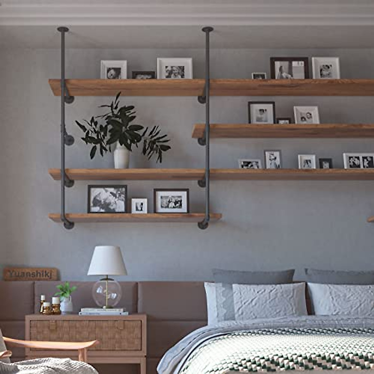 Yuanshikj 2Pc (56" tall 12"deep 3/4") Industrial Wall Mount iron Pipe Shelf Shelves Shelving Bracket Vintage Retro Black Open Bookshelf Bookcase DIY Storage office Kitchen (2 Pcs 4Tier Hardware only )