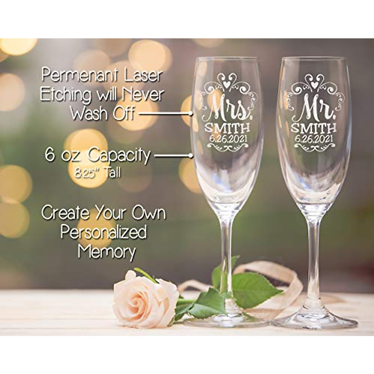 Mr Mrs Wedding Reception Celebration Twisty Stem Champagne Glasses Set of 2 Couples Newlywed Married Groom Bride Husband Wife Anniversary Engraved CLEAR Flute Glass Favors (Personalized)