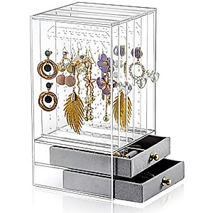 Sooyee Acrylic Earring Holder and Jewelry Organizer with 5 Drawers,Dustproof Jewelry Stand Rack Display Classic for Necklaces Bracelet Earrings and Ring,Clear