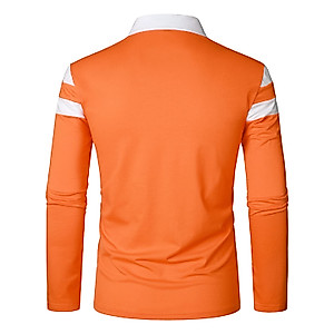 HOOD CREW Men’s Long Sleeve Polo Shirt Casual Slim Fit Shirts Contrast Color Patchwork T Shirts Cotton Tops Orange XXL