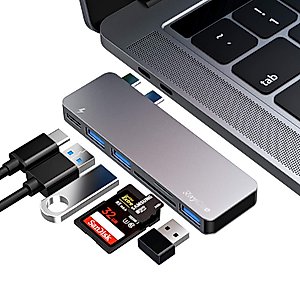 USB C Hub, 6 in 1 Type C Aluminum Hub Adapter MacBook Pro Accessories with 3 x USB 3.0 Ports, TF/SD Card Reader, USB C Port with 40Gb/S Speed, Support for MacBook Pro 13″ and 15″2016-2018