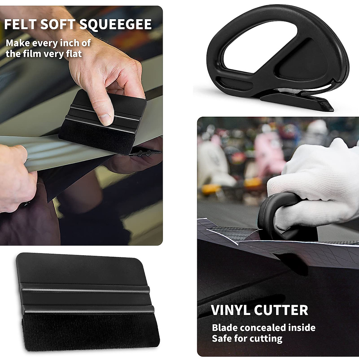 Gomake Vehicle Vinyl Wrap Window Tint Film Tool Kit Include 4 Inch Felt Squeegee, Retractable 9mm Utility Knife and Blades, Zippy Vinyl Cutter and Mini Go Corner Squeegee for Car Wrapping (5 Tools)