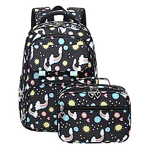 JiaYou Girls Backpack Sets Primary School Bookbag Rainbow Pattern Daypack with Lunch Bag(Black,19 Liters)