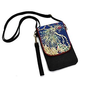 Vintage Canvas Boho Crossbody Purse Phoenix Sequin Wristlet Wallets for women Cell Phone Wallets (Blue)