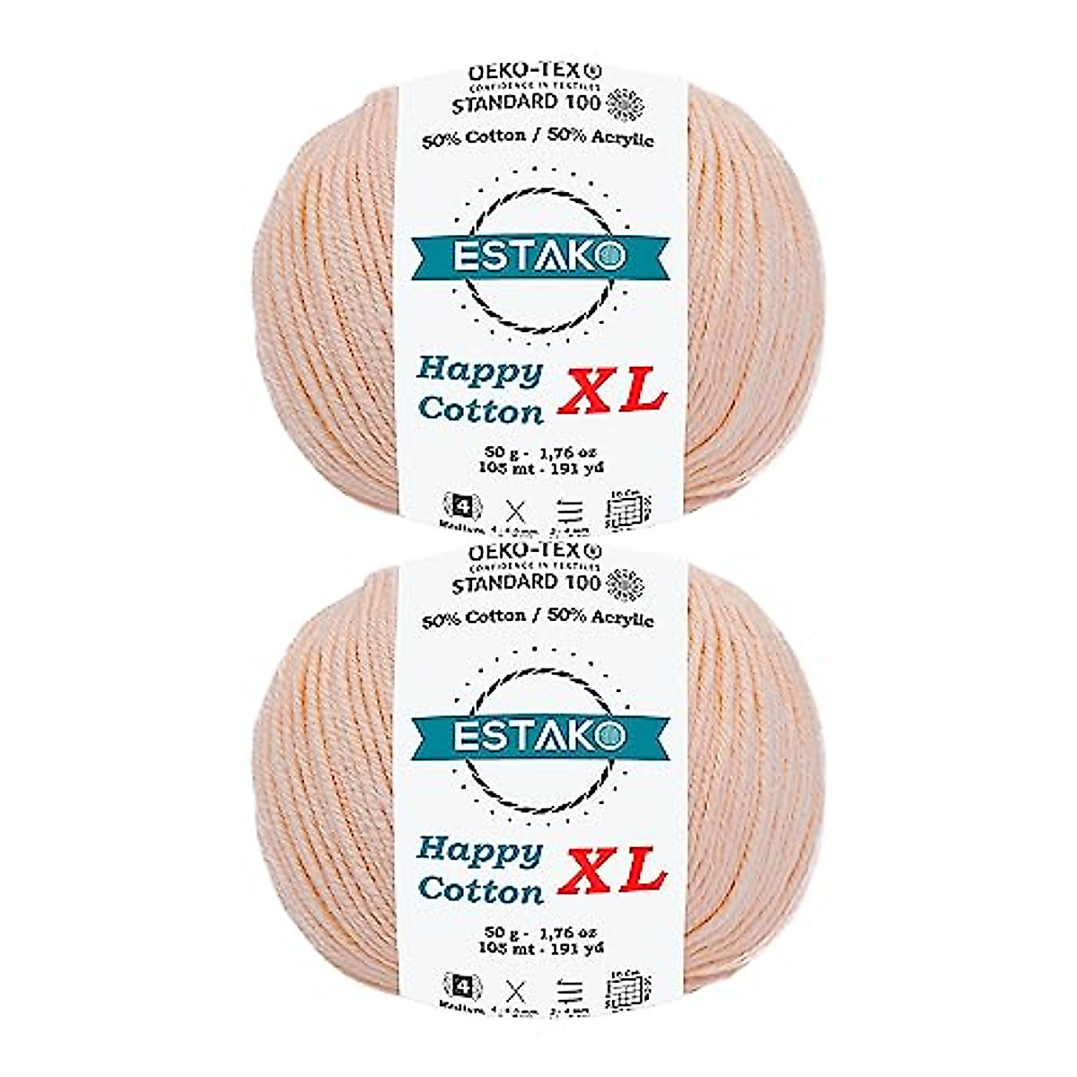 Estako Happy Cotton XL, (2 Skeins Pack) 50% Cotton 50% Acrylic Yarn, Soft, Medium Weight (4) for Crochet and Knitting (2 x 1.76 Oz) / (2 x 114 Yrds) (4170 - Nude)