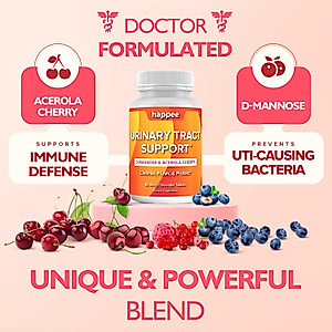 Happee Urinary Tract Health Supplement for Women & Men – Fast-Acting UTI Relief and Prevention, 500mg D-Mannose & Antioxidants, Supports Kidney and Bladder Health, Berry Flavor, 60 Chewables