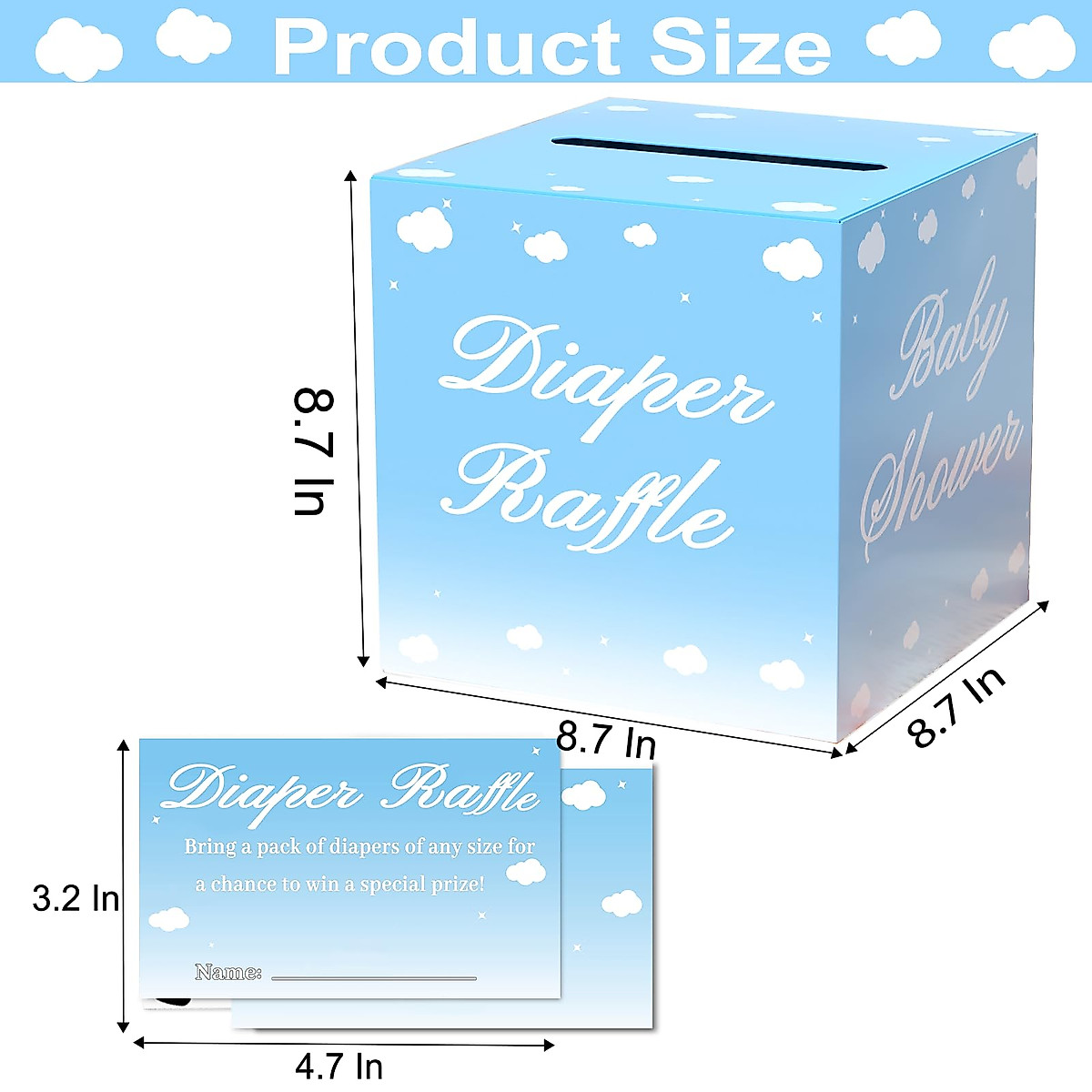 QISOLIY 50 Pieces Diaper Raffle Tickets with Box Baby Shower Game Invitations Diaper Raffle Cards Diaper Raffle Box Set for Baby Shower Gender Reveal Party Supplies Card Box (Blue)