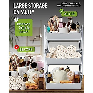 Skywin 3-Tier Plastic Stackable Storage Bins 11.4" x 11" x 19.7" with Brackets for Extra Protection - For Pantry Storage, Kitchen Storage, and Bathroom Storage (Grey)