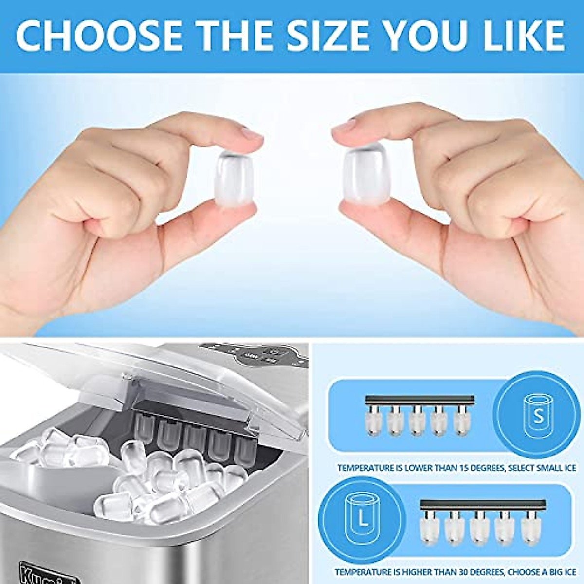 KUMIO Stainless Steel Ice Makers Countertop, 33 Lbs in 24 Hrs, 10 Bullet Ice Ready in 6-8 Mins, Automatic Self-Cleaning, 2 Sizes of Bullet Ice for Home Kitchen Office Bar Party