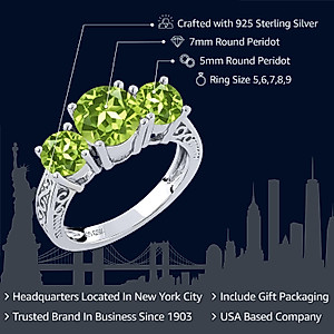 Gem Stone King 2.35 Cttw Round Green Peridot 3-Stone Ring In 925 Sterling Silver | 3 Stone Wedding Engagement Anniversary Promise Ring For Women | Available In Size 5, 6, 7, 8, 9