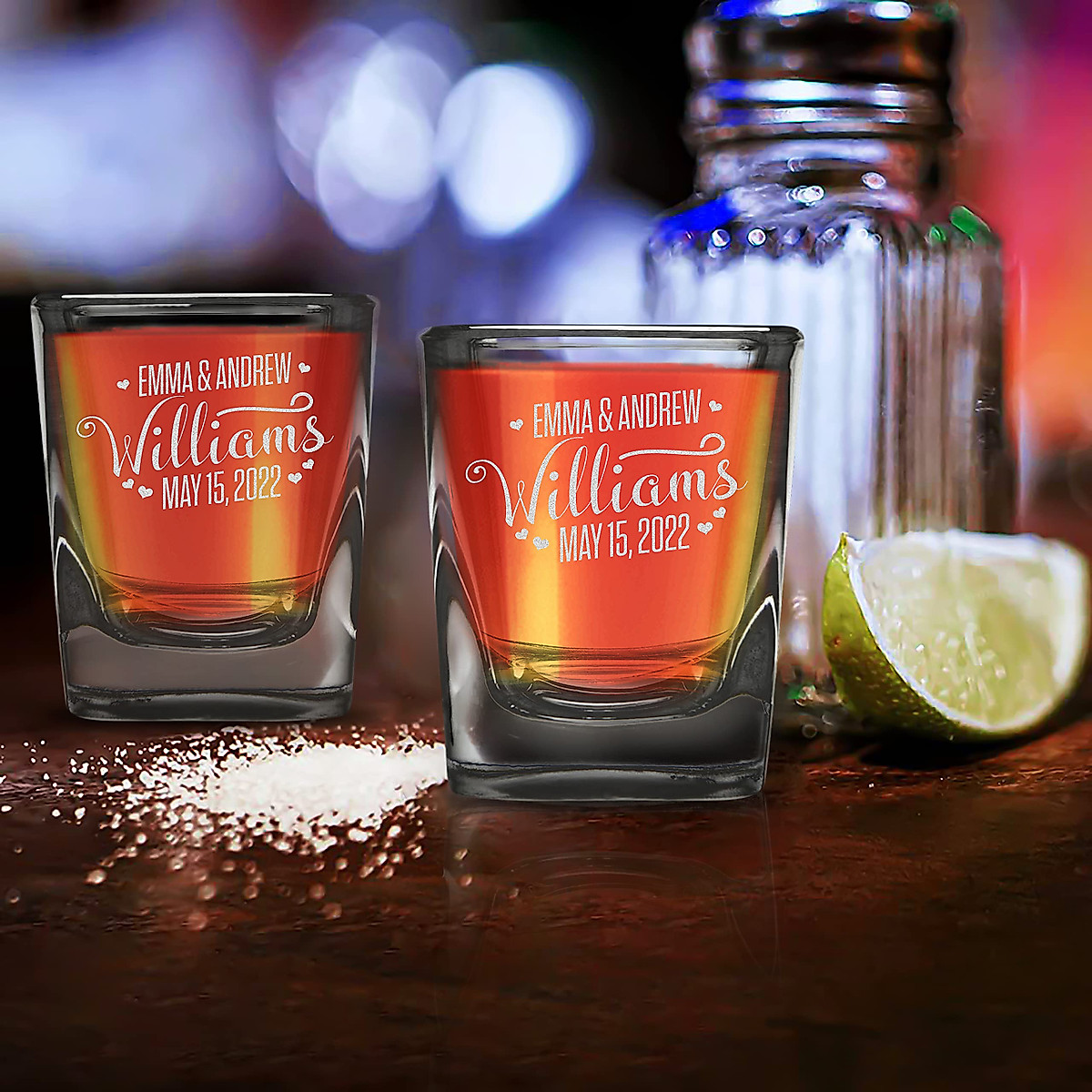 (Set of 2) Personalized Wedding Engraved Square Heavy Base Prism Shot Glass 2 oz. with Gift Box, Custom Names and Date, Gifts for Bride and Groom (Last Name)