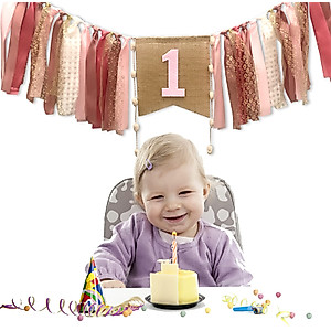 1st Birthday Banner For Baby, AULEGE First Birthday High Chair Banner, Party Theme Pull Flag for Baby 1st Birthday Party Supplies, Coral Pink