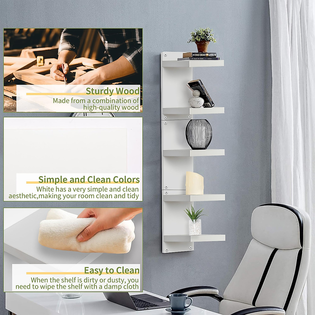 Defined Deco 5 Tier Wall Shelves White-Vertical Column Shelf Floating Storage Home Display-Lack Wall Shelf Unit,Organizer Tall Tower Design Utility Shelving for Home, Bedroom,Living Room,Office Decor