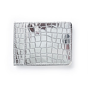 SWEDEY Super Shiny Slim Credit Card Holder Mini Front Pocket Wallet in Mirror Metallic Faux Crocodile pattern (Silver)