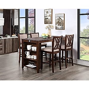 New Classic Furniture Amy Kitchen Counter Island Dining Table for 4 with Storage Shelf & USB Chargers, Traditional Brown Cherry