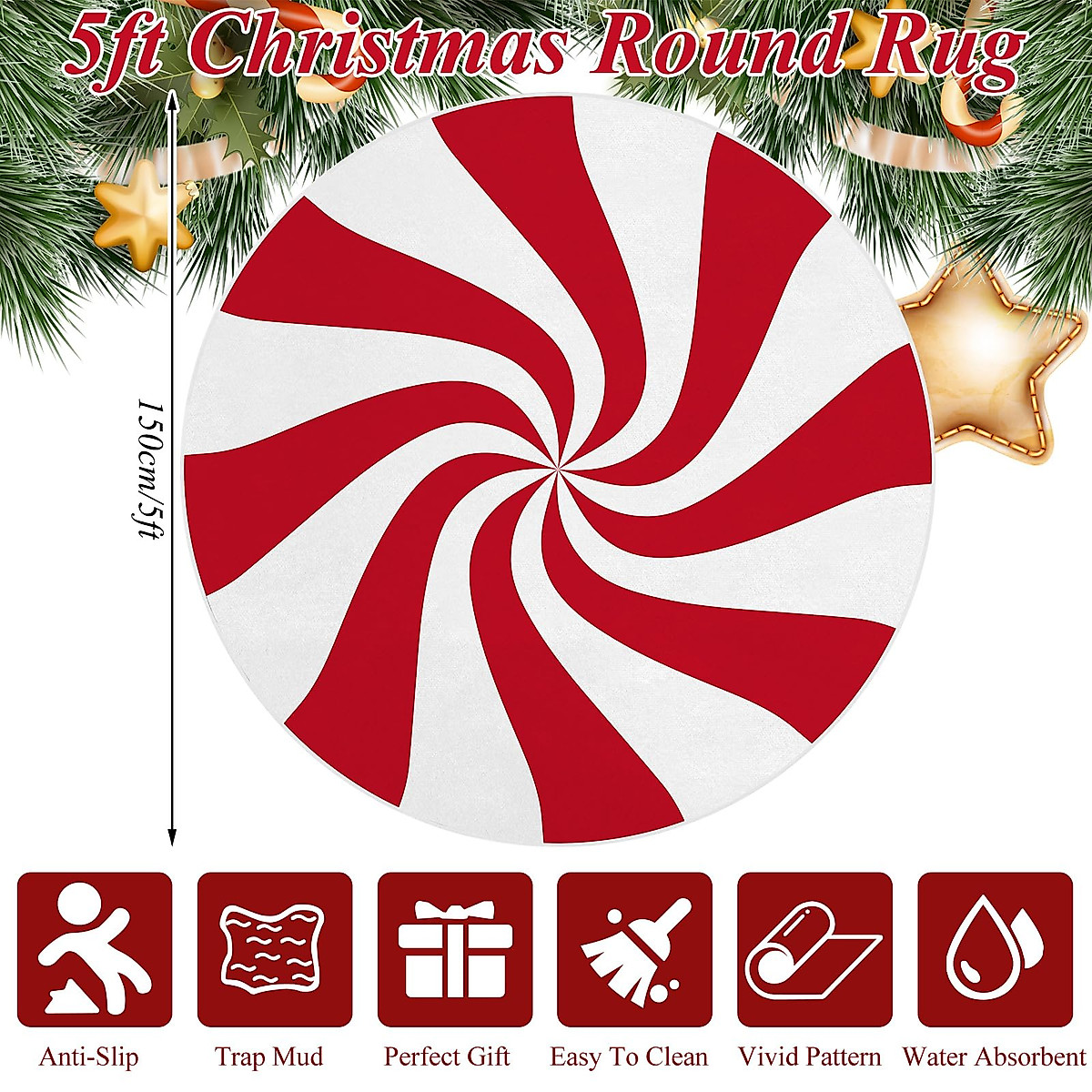 Moucuny Christmas Round Rug Large Christmas Area Rug Washable Christmas Rug Runner Non Slip Rug Carpet for Xmas Holiday Entryway Living Room Bedroom Indoor Decoration(Red,Lollipop)