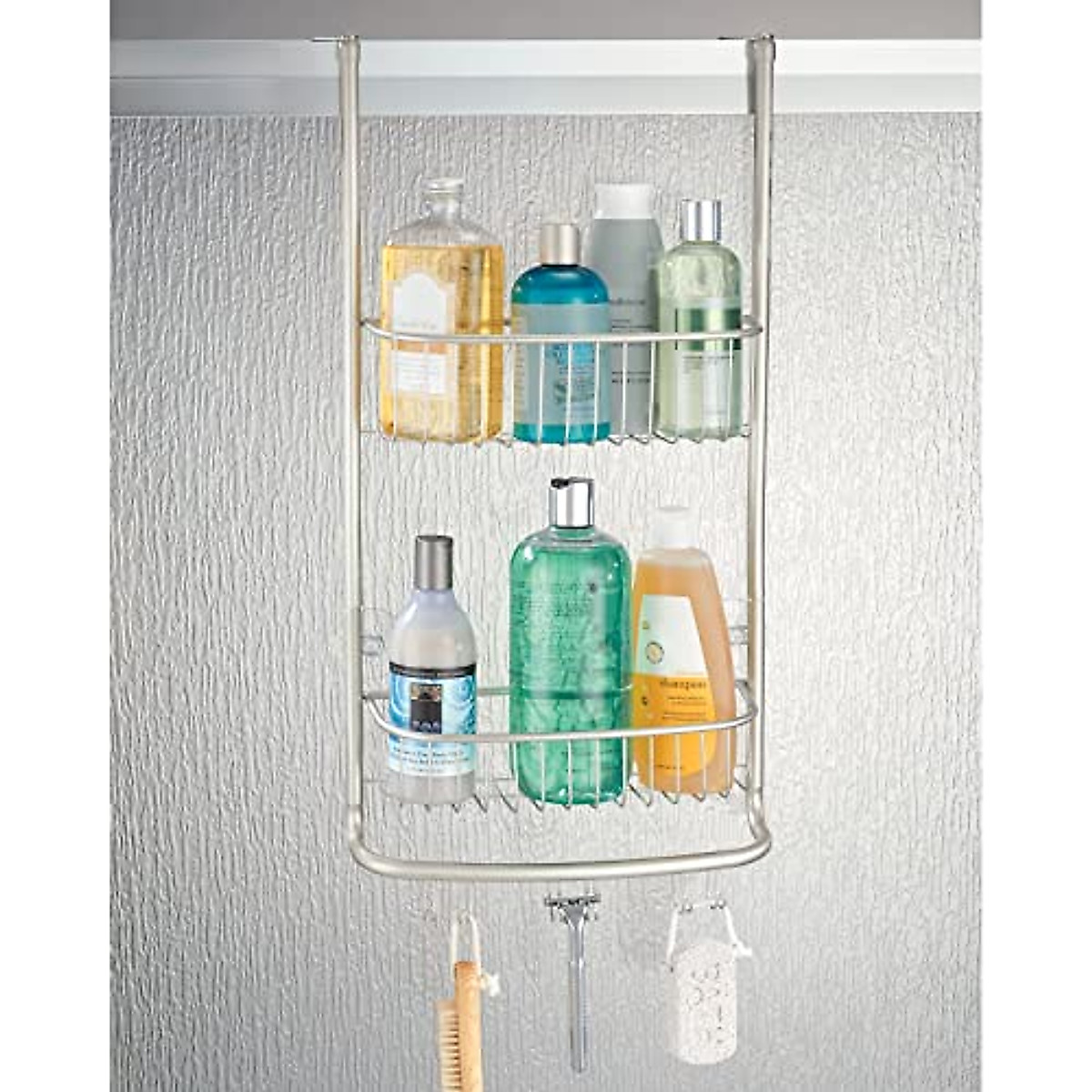 mDesign Stainless Steel Bath/Shower Over Door Caddy, Hanging Storage Organizer 2-Tier Rack with 6 Hooks and 2 Baskets - Holder for Soap, Shampoo, Loofah, Body Wash, Omni Collection, Satin