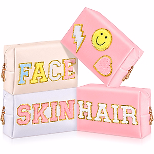 Sanwuta 4 Pcs Hair Face Skin Travel Bag Set Preppy Makeup Pouch PU Leather Skincare Bag Waterproof Cosmetic Organizer Birthday Christmas Gifts(White, Pink, Beige,Fresh Style)