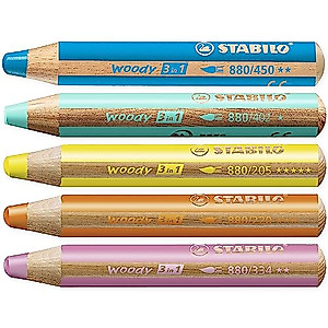 STABILO Multi-talented Pencil woody 3-in-1 - Pastel Box of 5 - Pink, Orange, Yellow, Cyan Blue & Blue + Sharpener