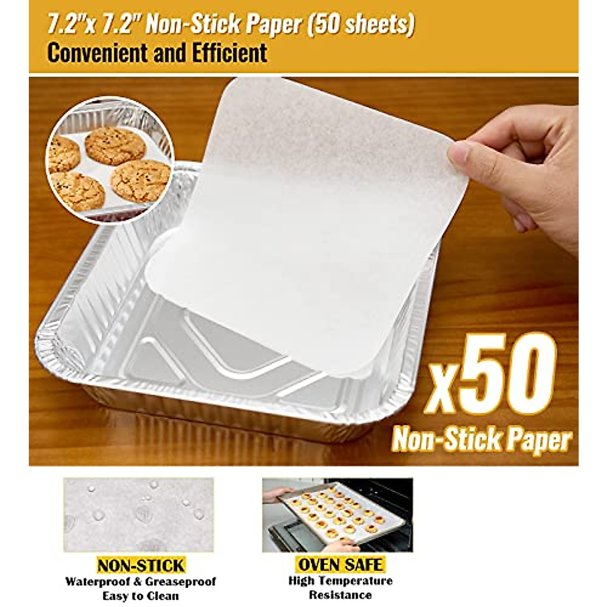 NUPICK 35 Pack 8 inch Square Baking Cake Pans with Plastic Lids and Non-Stick Paper (50 Sheets), Disposable Aluminum Foil Food Containers