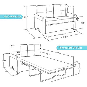 OUllUO Pull Out Sofa Bed Dual Plugs USB Ports, 2-in-1 Convertible Loveseat Sofa Couch Sleeper with Folding Mattress, Modern 2 Seat Small Sofa Couch for Living Room Apartment Guest Bedroom,Gray