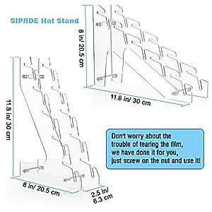 SIPRDE Hat Racks for Baseball Caps 2 pack, Acrylic Hat Hangers for Wall Mount or Stand Up - Two Novel Ways for Hat Display and Organizer, Holds Up to 10 Caps for Bedroom, Closet, Dresser (Clear)