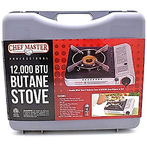 Chef Master 90235 Butane Countertop Stove 12,000 BTU, Professional Quality, Portable, with Carry Case, High Performance, Electronic Ignition, Brass Burner, Double Wind Guard, 1 Burner