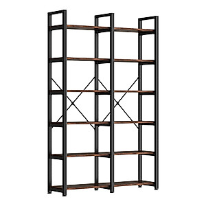 MXV Double Wide Book Shelf, Industrial Bookshelf with Metal Frame, Open Large Book Shelf, Wood and Tall Display Shelves for Home and Office, 6-Tier, Rustic Brown and Black