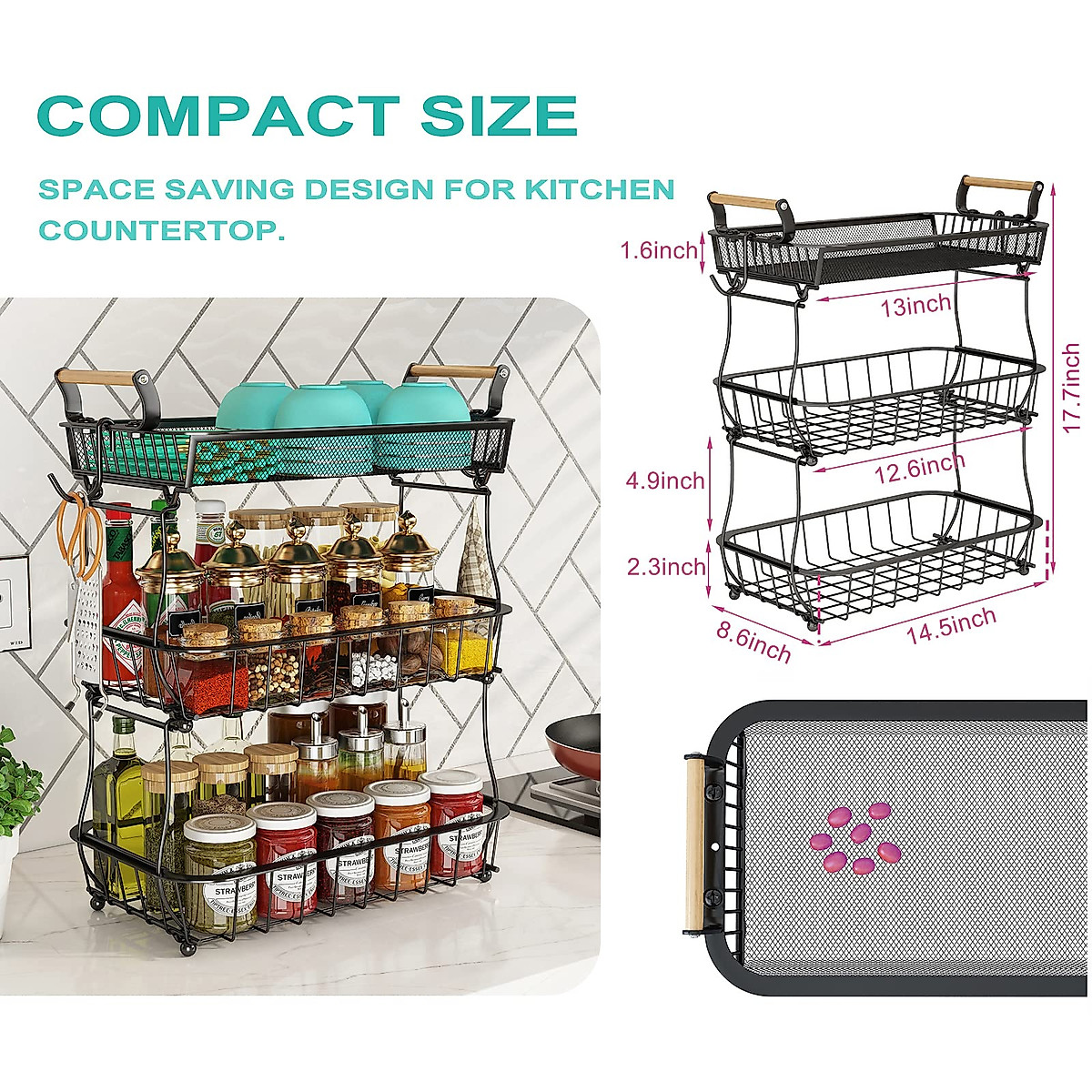 3 Tier Fruit Basket Bowl with 2 Banana Hangers for Kitchen Counter, Vegetable Countertop Produce Storage Holder, Large Capacity Metal Wire Fruits Stand Organizer for Onion Potato Bread Snack, Black