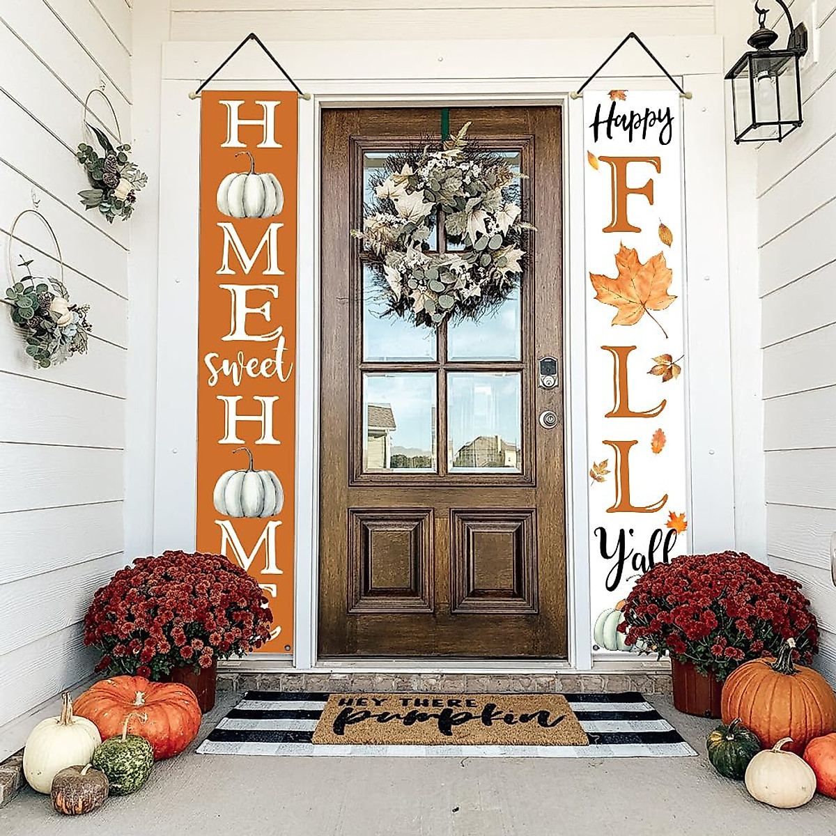 CROWNED BEAUTY Fall Porch Banner Sign Sweet Home Happy Fall Yall 12x70 Inch Indoor Outdoor Seasonal Hanging Front Door Farmhouse Wall Decoration CS078-12, Orange