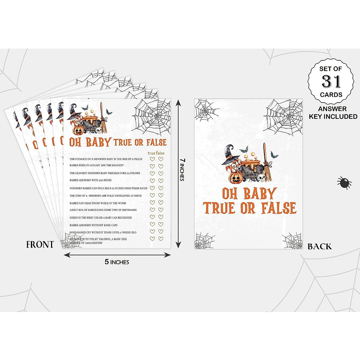 Halloween True or False Game, Halloween Game for Baby Shower, Baby Shower Decorations, Fall Gender Reveal Party Supplies, 30 Game Cards and 1 Answer Key - WY09