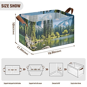 PDZRMY Natural Landscape Forest Open Storage Bin Large Foldable Storage Box Storage Basket Organizer Bins with Leather Handles for Shelf Closet Bedroom Living Room Office Home 1 Pack