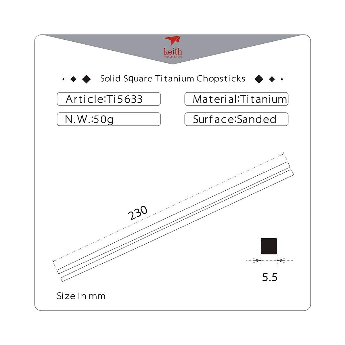 Keith Titanium Ti5633 Solid Square Handle Chopsticks with Aluminum Case (Grey) ●●●●●●● Keith's 18th Anniversary: Exclusive Price!