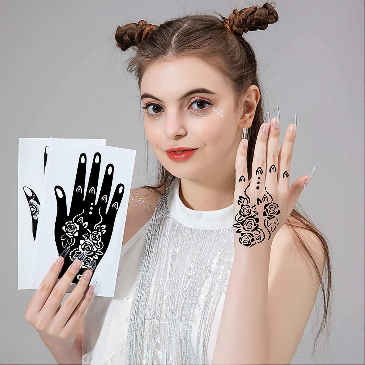 24 Sheets Henna Tattoo Stencil Kit 270+pcs, Henna Stencils Reusable Temporary Indian Glitter Airbrush Tattoo Stencils for Face Body Paint DIY