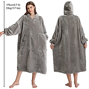 Kipswiza Oversized Wearable Blanket Flannel Soft Long Hoodie Blankets for Adults-Light Grey
