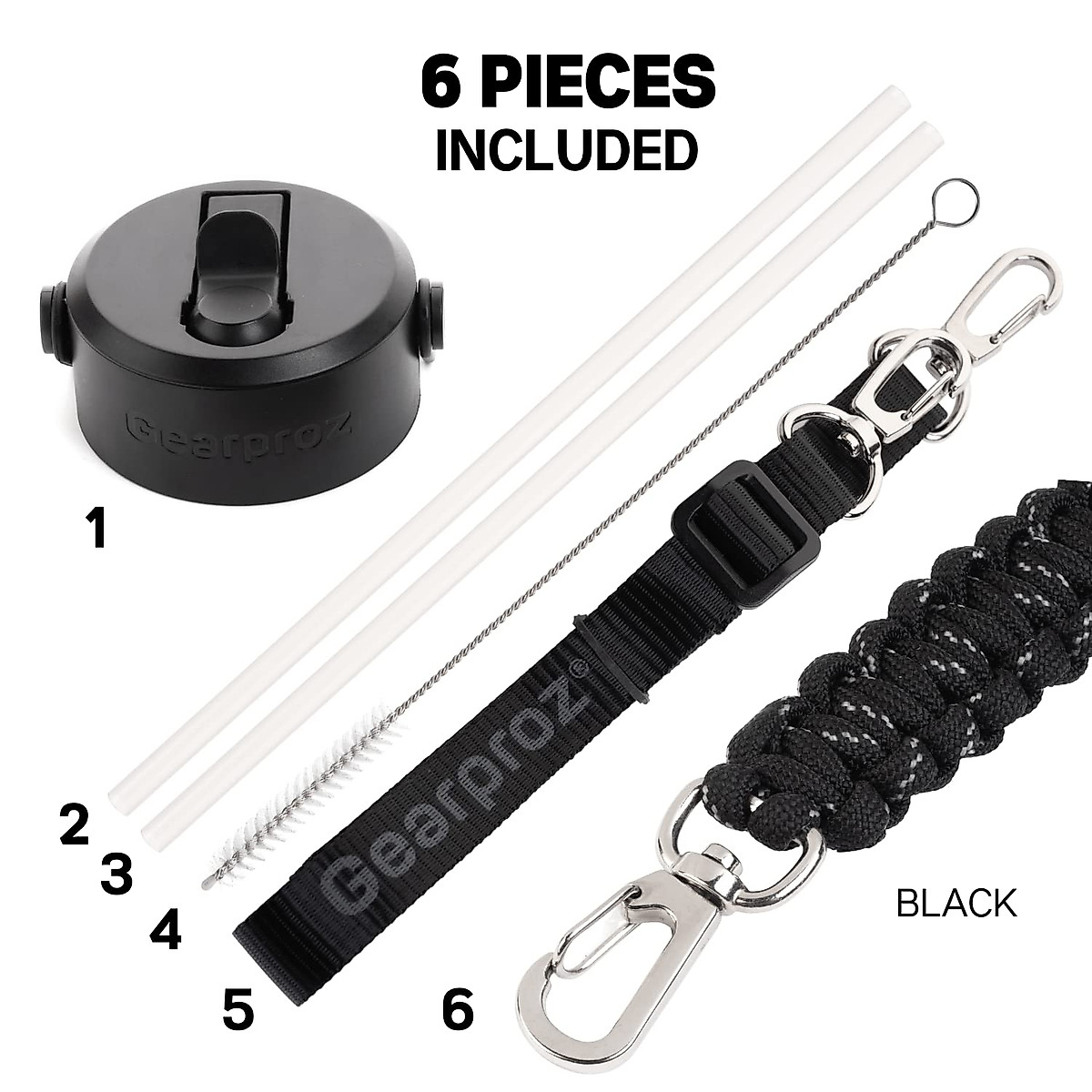 Gearproz Handle Compatible with Hydro Flask, Takeya, Thermoflask Bottle, Wide Mouth Straw Lid, Paracord Strap (Black)
