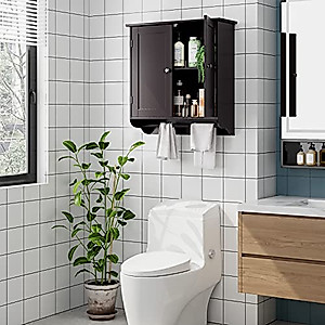FOTOSOK Bathroom Wall Cabinet with 2 Doors and Adjustable Shelf, 23.6"x24.2" Medicine Cabinet Above Toilet, Wall-Mounted Bathroom Storage Cabinets with a Towel Bar for Bedroom, Kitchen, Dark Brown