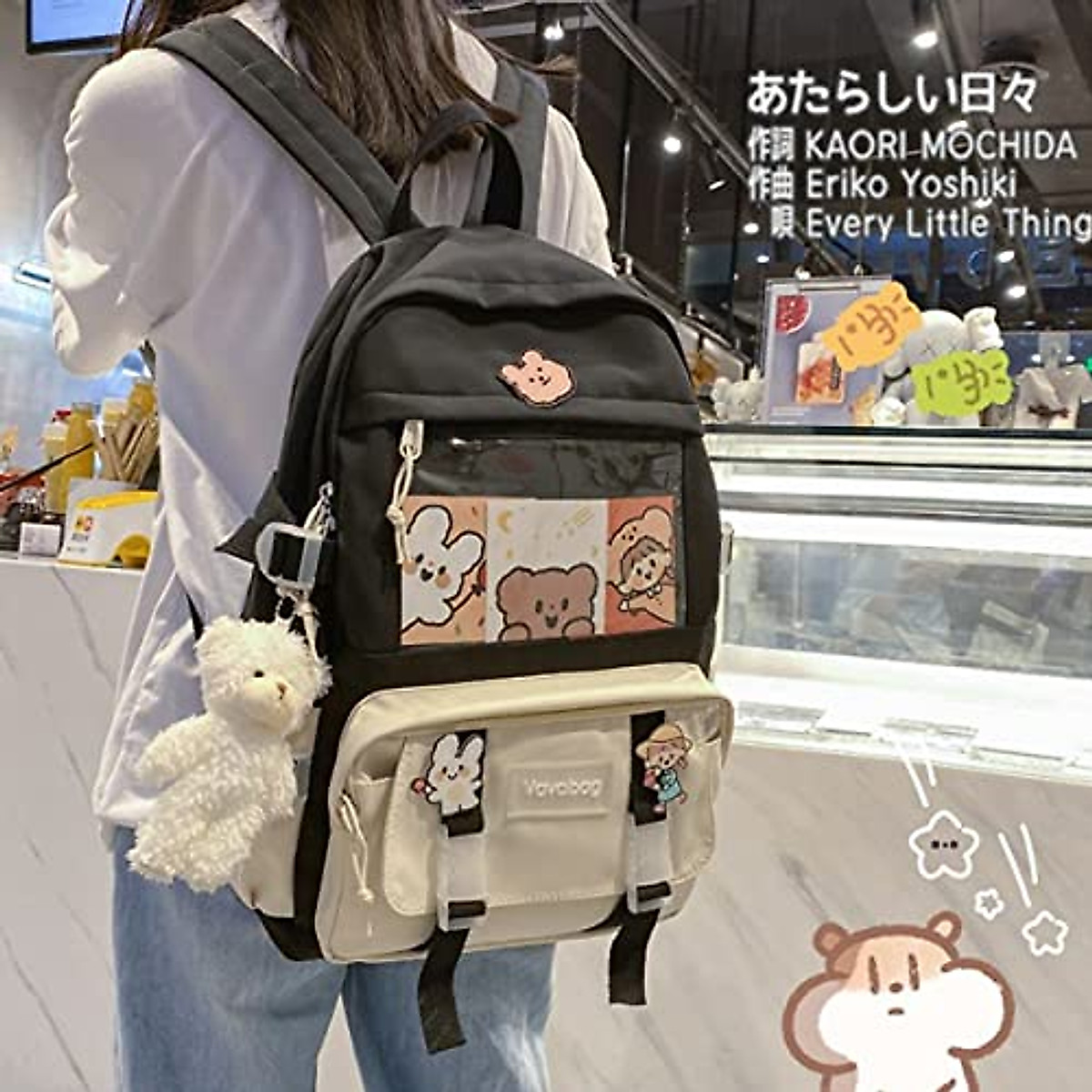 KOWVOWZ Kawaii Backpack for Teen Girls Aesthetic Student Bookbags with Cute pin bear pendant harajuku school nylon waterproof (black)