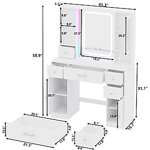 White Vanity Desk with Mirror and Lights,Makeup Vanity with RGB Lights and Power Strip,Makeup Desk Vanity Table with 5 Drawers Lots Storage & Time Display,3 Lighting Modes LED Lighted Mirror,41.3in(L)