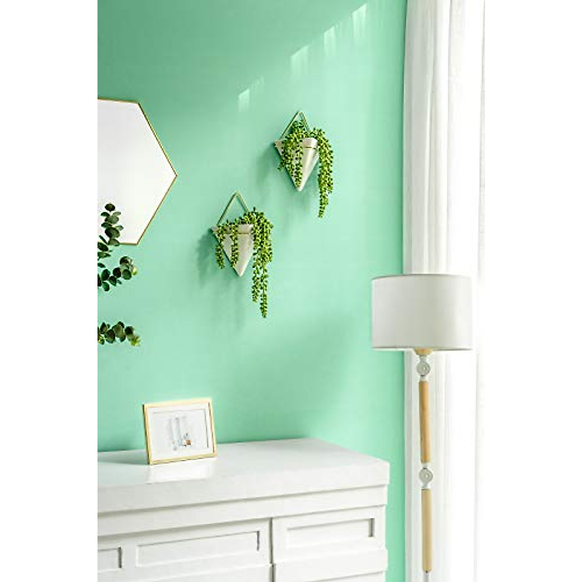 Dahey Geometric Wall Planter Hanging Vase with Artificial Succulent Plants Fake String of Pearls Modern Small Ceramic Wall Decor for Indoor Outdoor Home Office Garden, 2 Pack